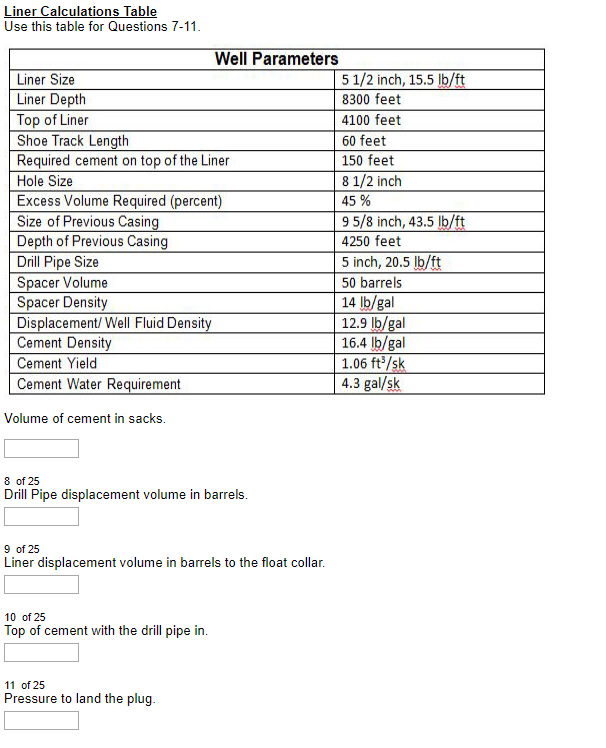 Liner Calculations Table Use this table for Questions | Chegg.com