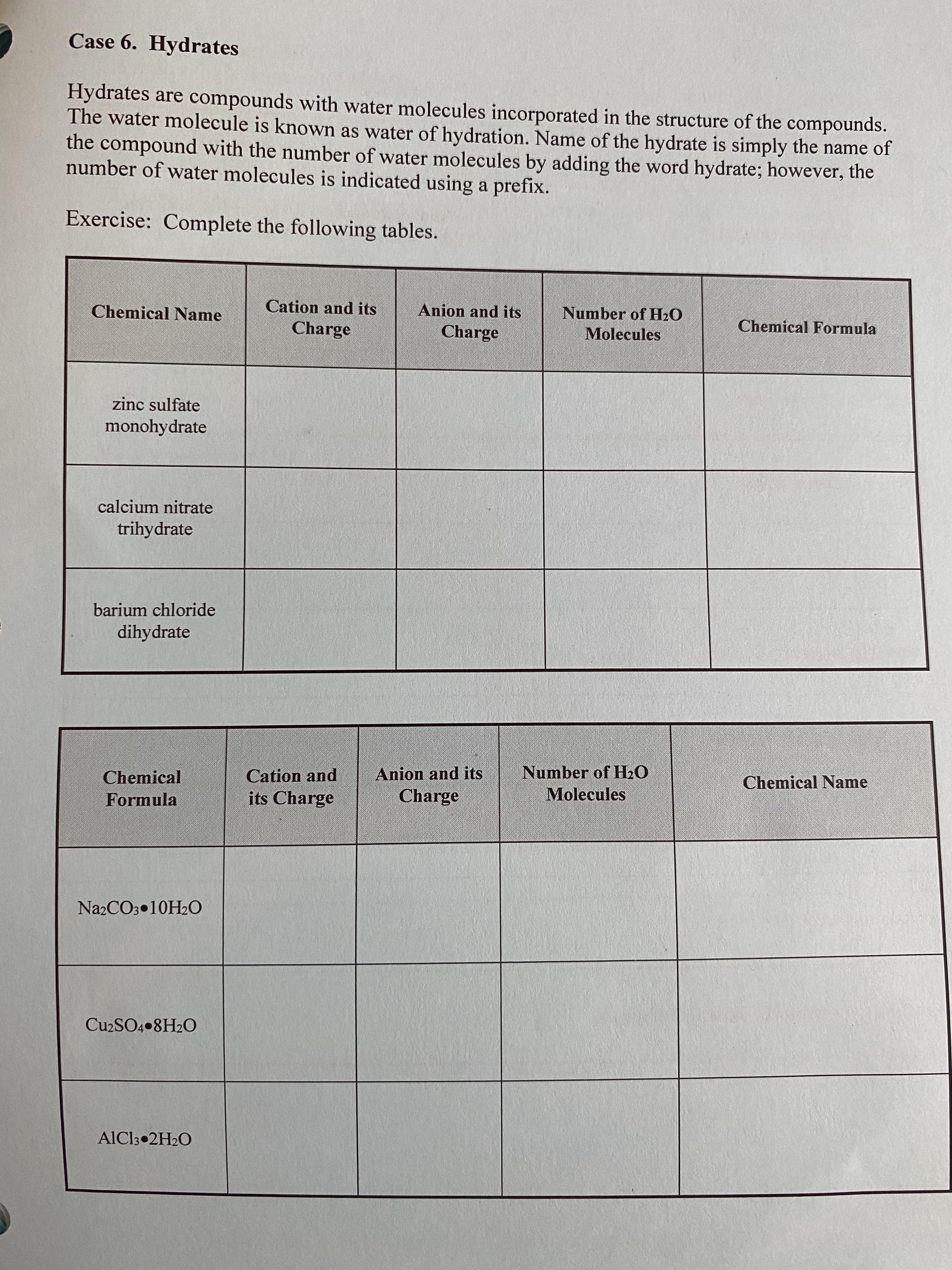 Solved Case 6. Hydrates Hydrates are compounds with water | Chegg.com