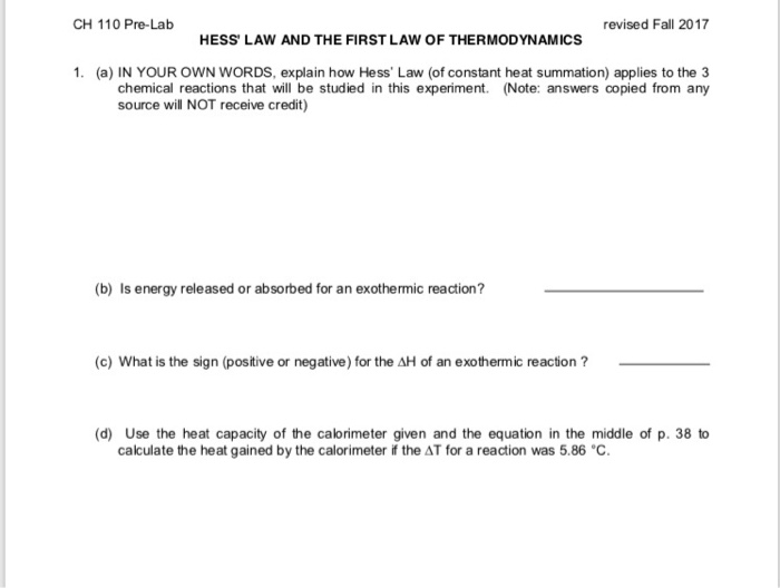 Solved CH 110 Pre-Lab revised Fall 2017 HESS' LAW AND THE | Chegg.com
