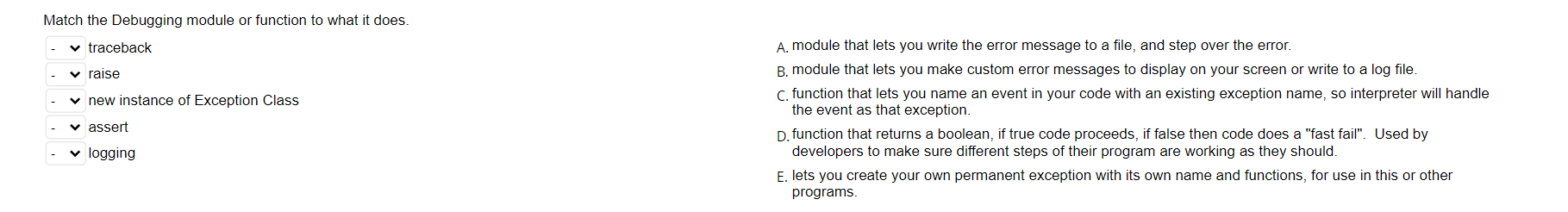 Solved Match the Debugging module or function to what it | Chegg.com