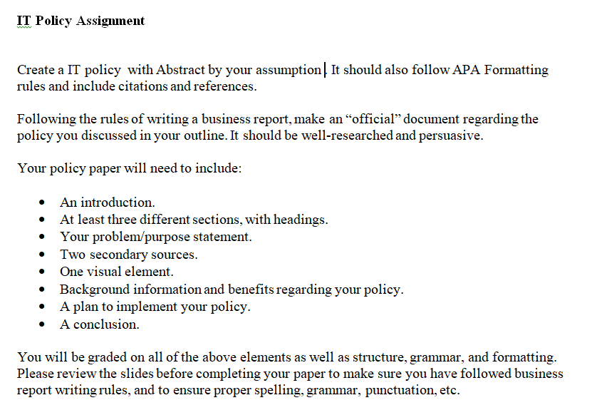 Create a IT policy with Abstract by your assumption| | Chegg.com