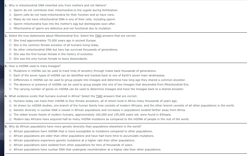 Solved 1. Why is mitochondrial DNA inherited only from | Chegg.com