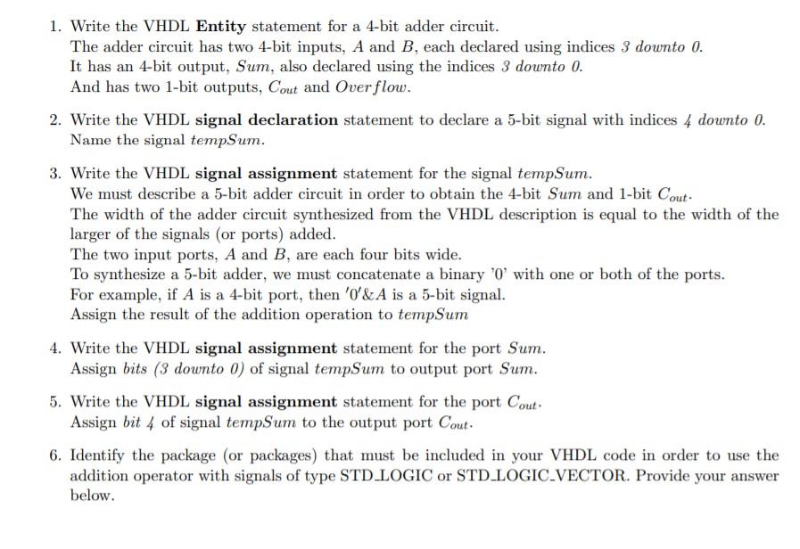 Solved 1. Write the VHDL Entity statement for a 4-bit adder | Chegg.com