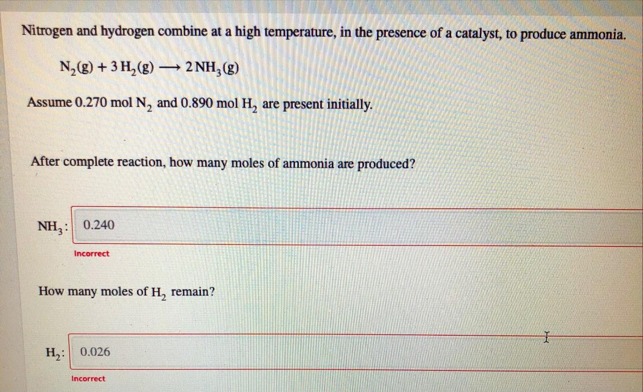 Solved Nitrogen and hydrogen combine at a high temperature, | Chegg.com