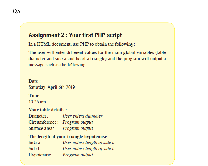 Q5 Assignment 2: Your first PHP Script In a HTML | Chegg.com