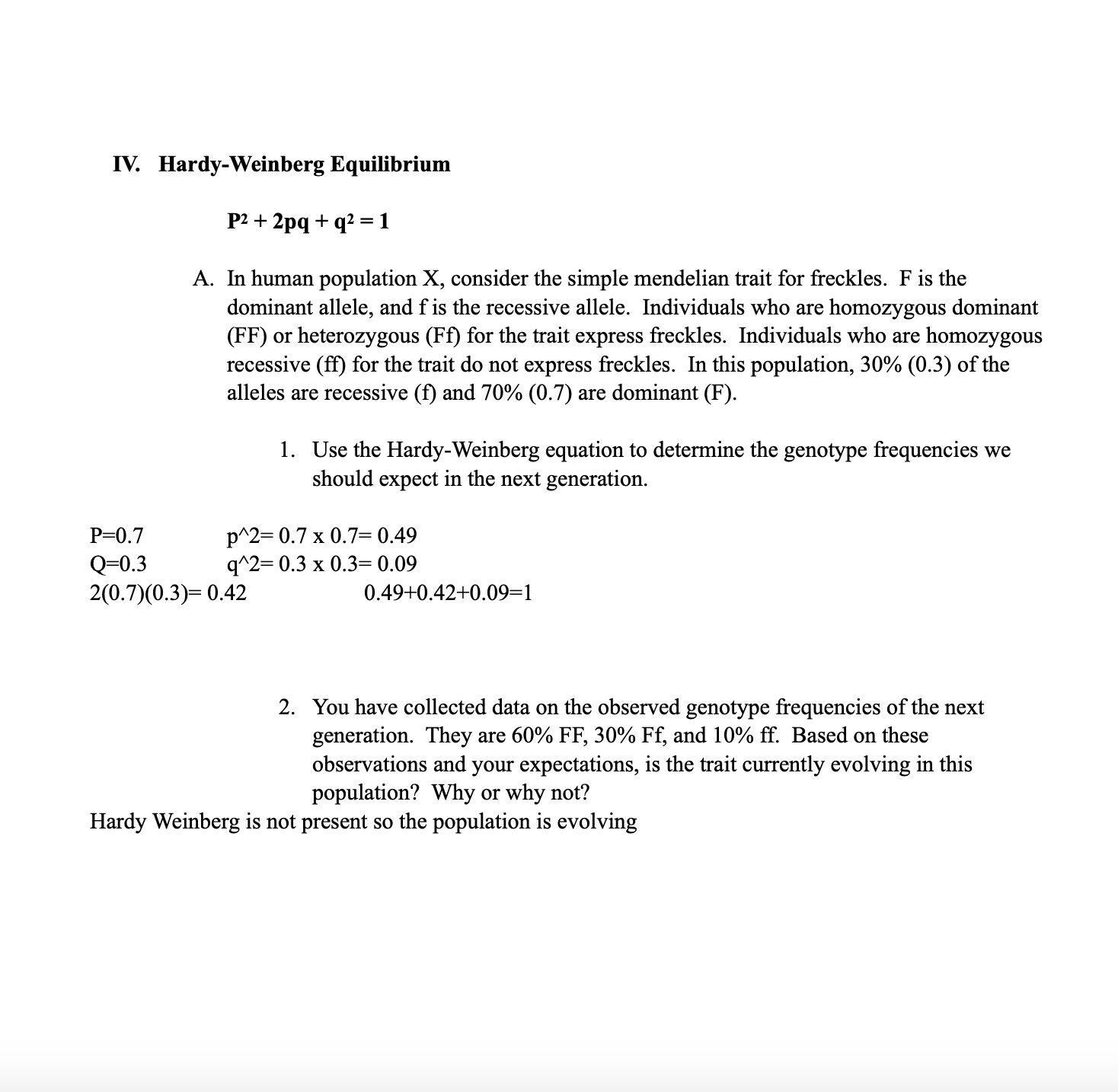Solved IV. ﻿Hardy-Weinberg EquilibriumP2+2pq+q2=1A. ﻿In | Chegg.com