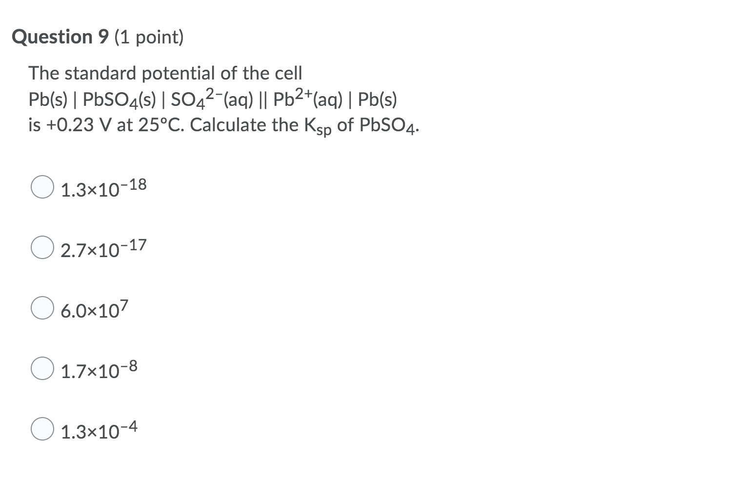 Solved Question 9 (1 point) The standard potential of the | Chegg.com