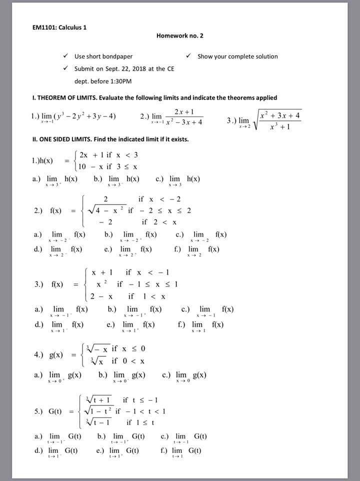 Solved EM1101: Calculus 1 Homework no. 2 Use short bondpaper | Chegg.com