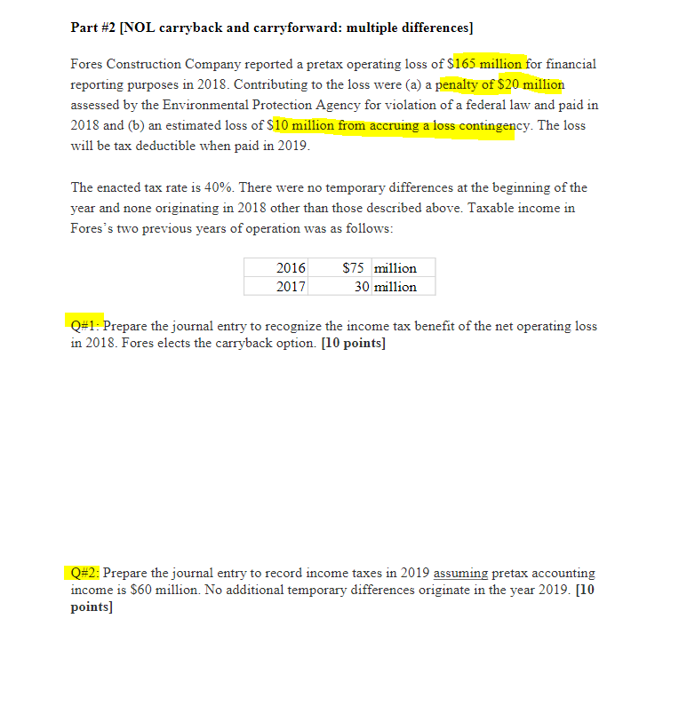 Solved Part #2 [NOL carryback and carryforward: multiple | Chegg.com