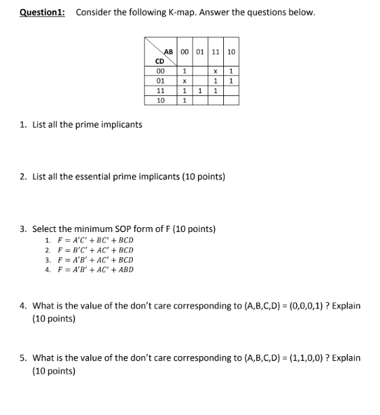 Solved Question1 Consider The Following K Map Answer The