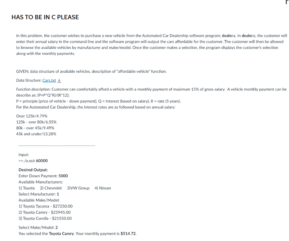 C code lang Cars.txt is just a file with given code | Chegg.com