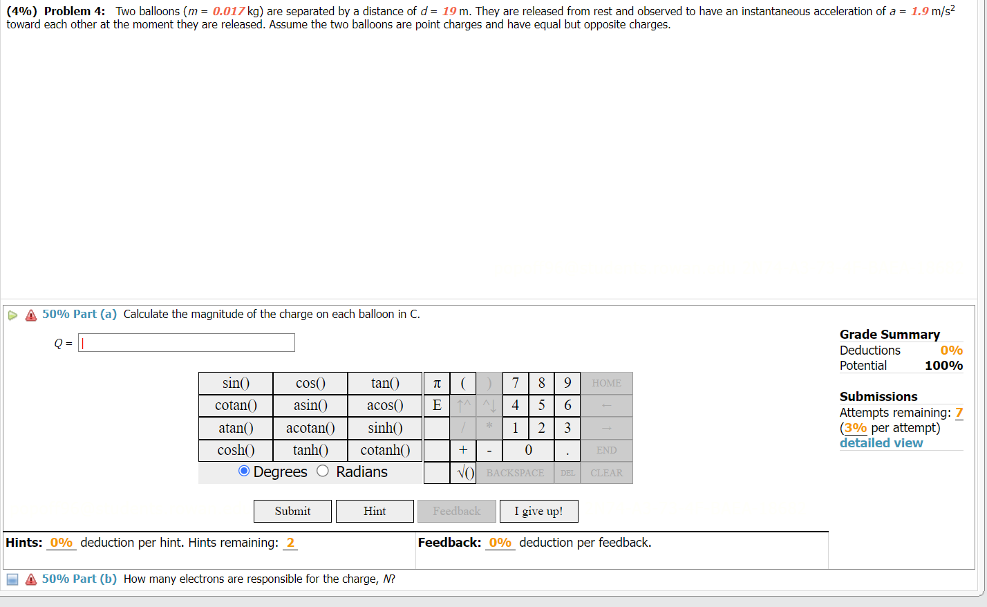 Solved (4\%) Problem 4: Two balloons (m=0.017 kg) are | Chegg.com