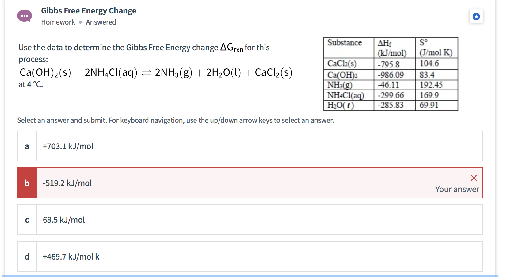 Solved Gibbs Free Energy Change Homework. Answered Substance | Chegg.com