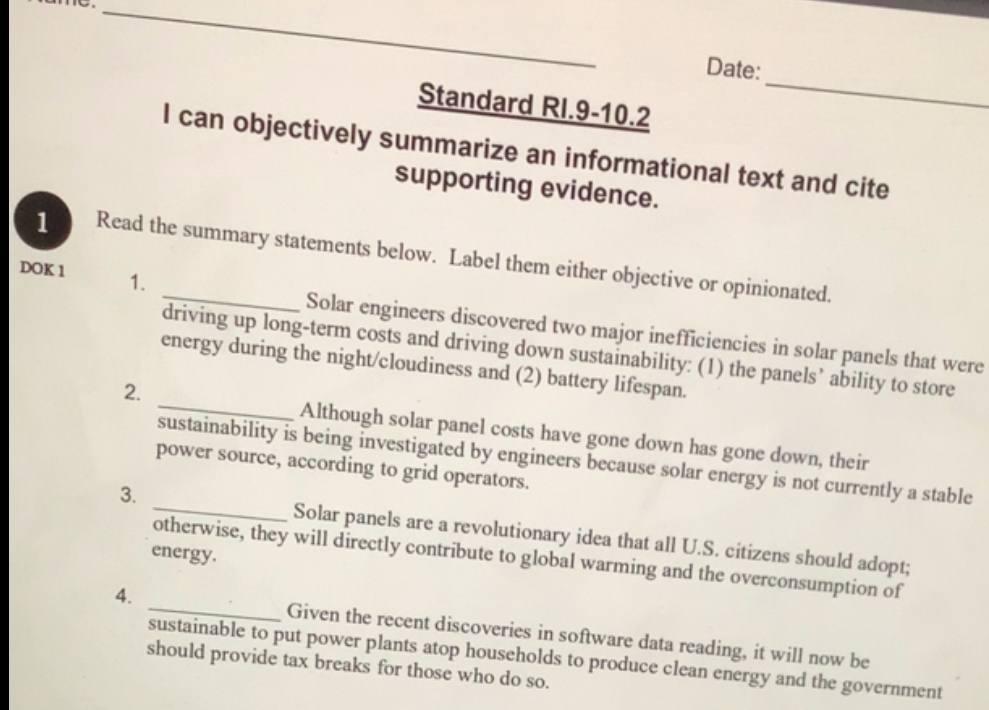 Solved Date: Standard RI.9-10.2 I can objectively summarize | Chegg.com