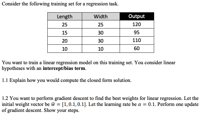 Solved Consider the following training set for a regression | Chegg.com
