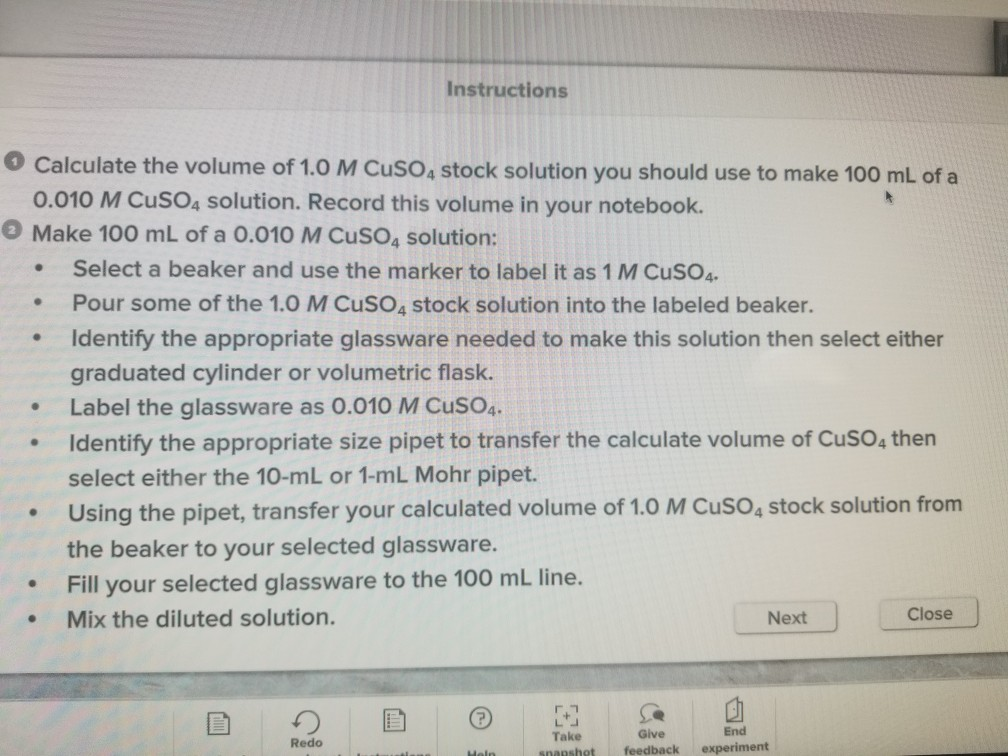 Solved Instructions O Calculate the volume of 1.0 M CuSO4 | Chegg.com