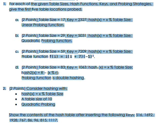 give the first five table locations probed. a. (2 | Chegg.com