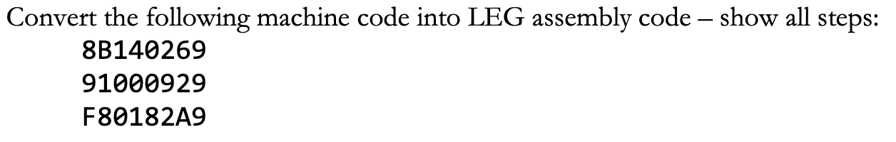 Convert the following machine code into LEG assembly | Chegg.com