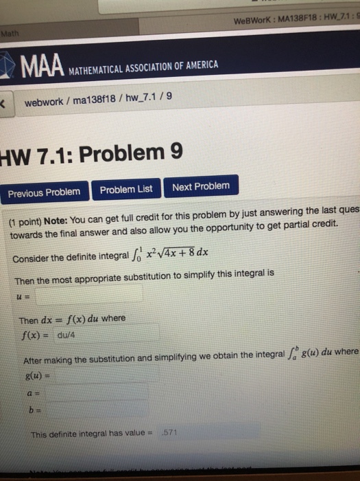 Solved WeBWorK: MA138F18:HW 7.1:9 Mat MAA MATHEMATICAL | Chegg.com