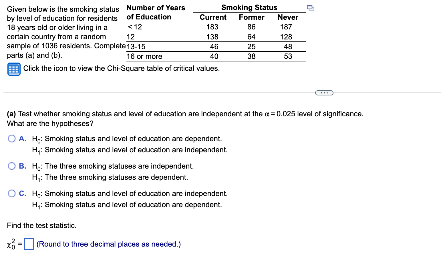 Solved Given below is the smoking status by level of | Chegg.com