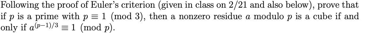Solved Following the proof of Euler's criterion (given in | Chegg.com