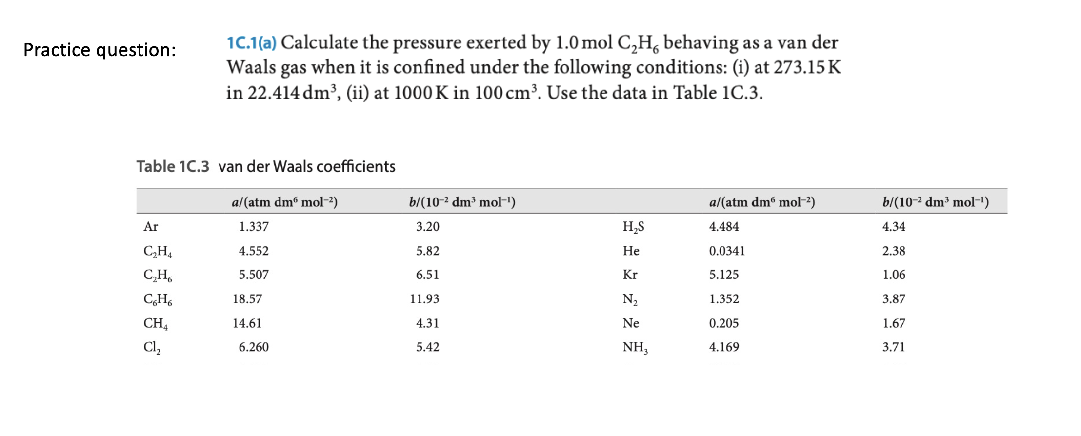 Calculate the pressure exerted by 1.0 ﻿mol C2H6 | Chegg.com