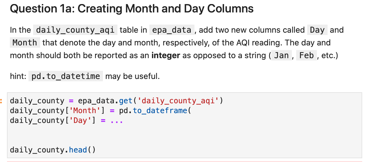 Question 1a: Creating Month and Day Columns In the | Chegg.com