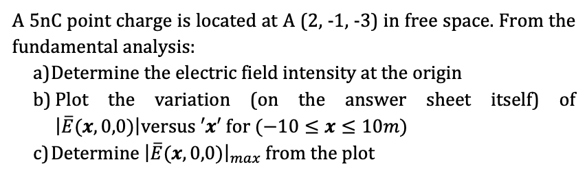 Solved A 5nC ﻿point charge is located at A(2,-1,-3) ﻿in free | Chegg.com