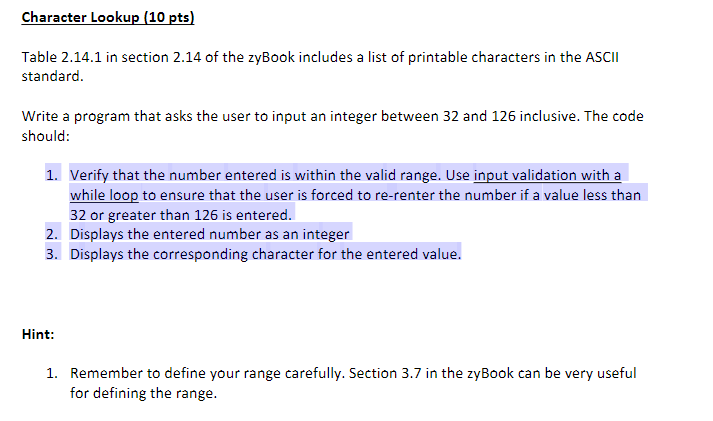 Solved Character Lookup (10 pts) Table 2.14.1 in section | Chegg.com