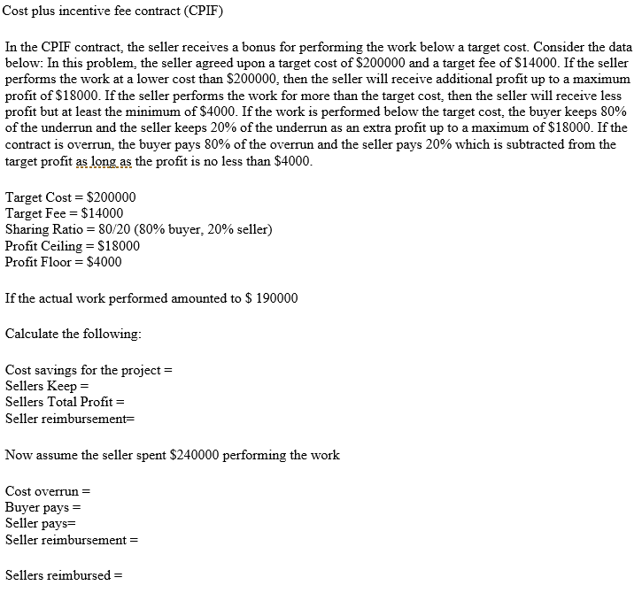 Solved Cost plus incentive fee contract (CPIF) In the CPIF | Chegg.com