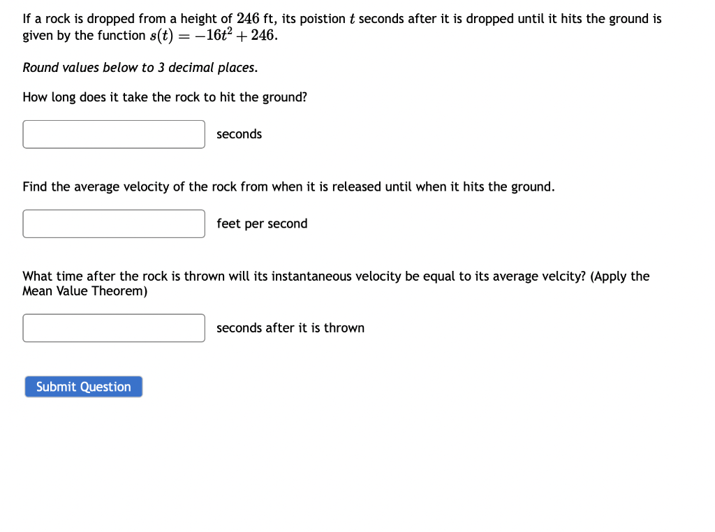 Solved If a rock is dropped from a height of 246ft, its | Chegg.com