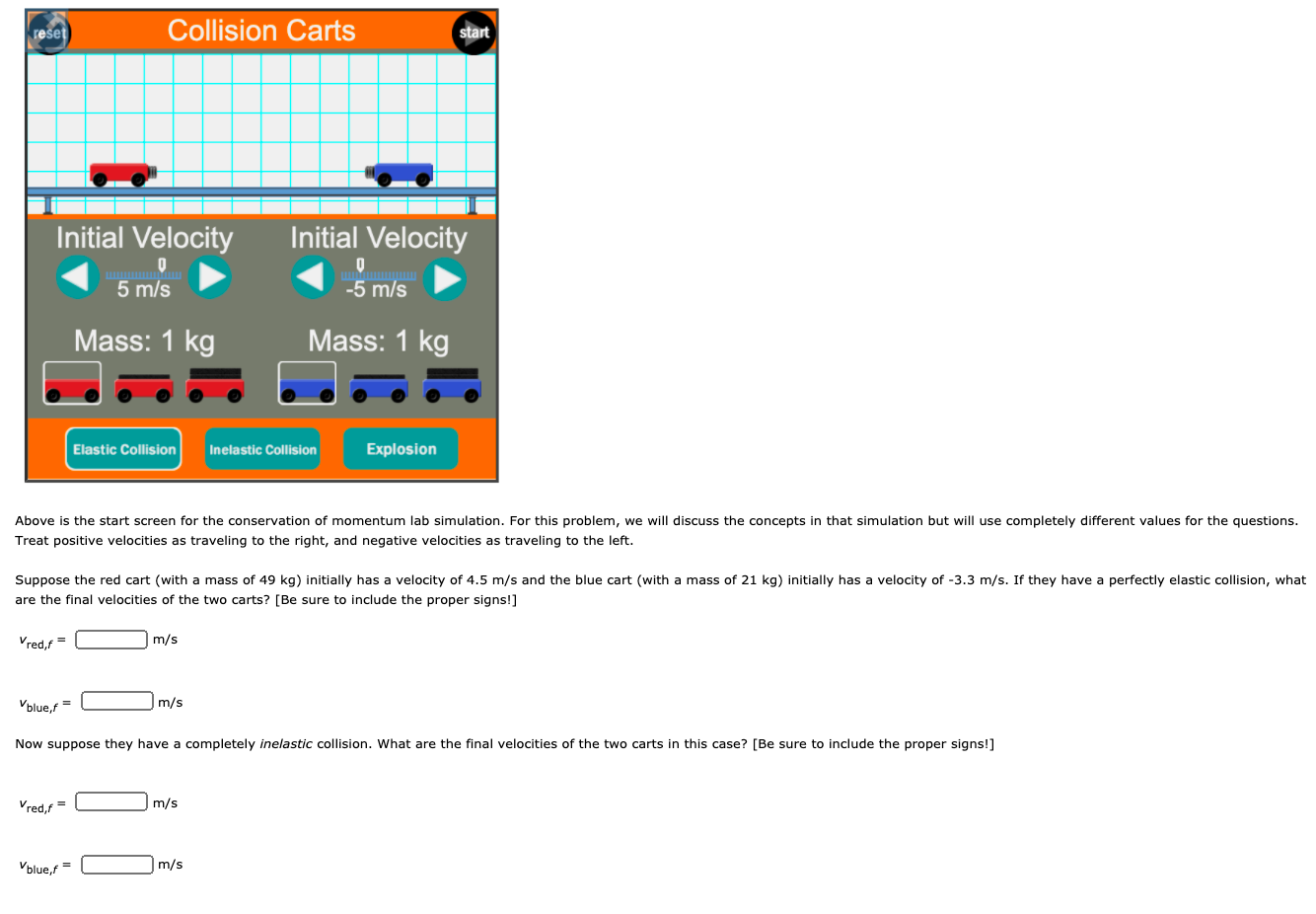 Solved reset Collision Carts start Initial Velocity 0 5 m/s | Chegg.com