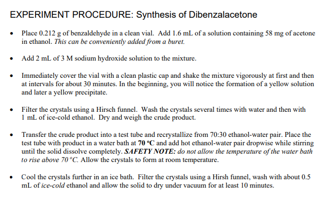 Solved EXPERIMENI PROCEDURE: Synthesis of Dibenzalacetone - | Chegg.com