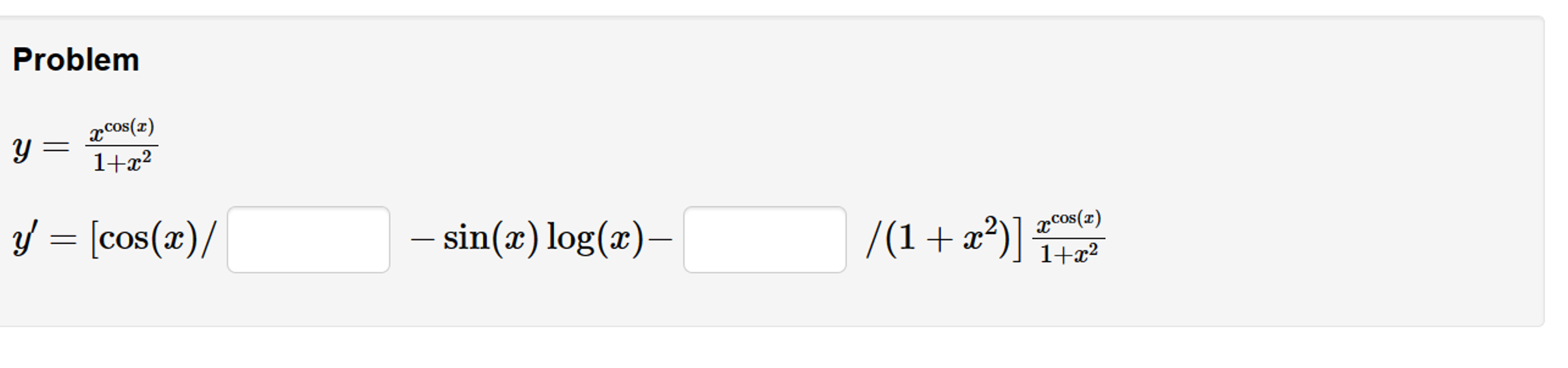 Solved Problemy=xcos(x)1+x2y'=[cosx,-sin(x)log(x)-,1+x2]xcos | Chegg.com