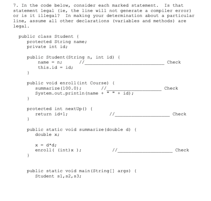 Solved 7. In the code below, consider each marked statement. | Chegg.com