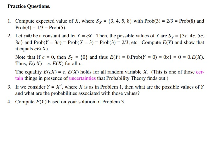 Practice Questions. 1. Compute expected value of X, | Chegg.com