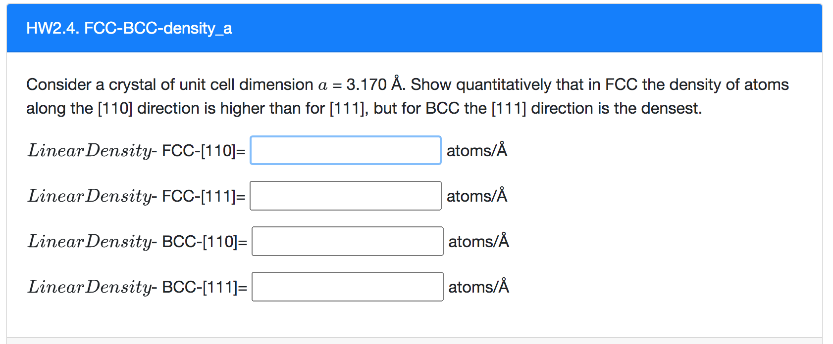 Solved HW2.4. FCC-BCC-density_a Consider a crystal of unit | Chegg.com