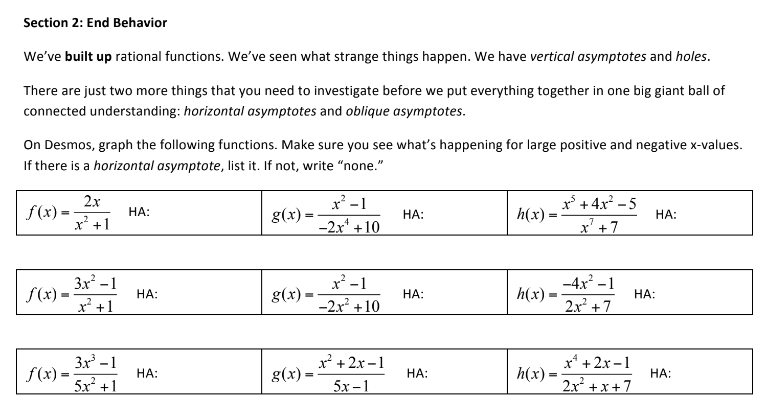 Solved Section 2: End Behavior We've built up rational | Chegg.com