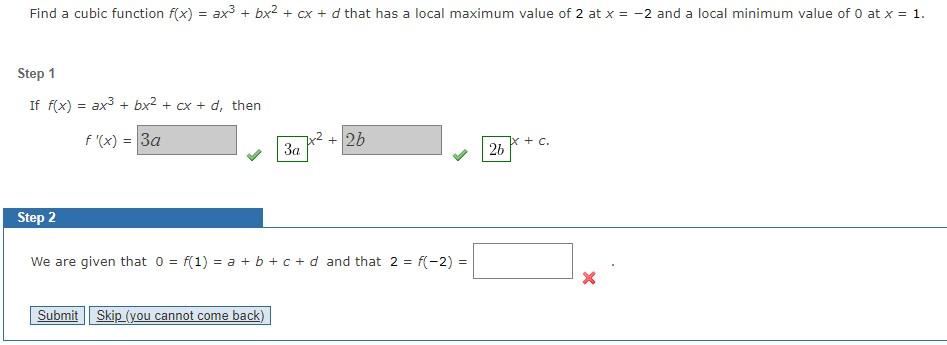 Solved Find a cubic function f(x)=ax3+bx2+cx+d that has a | Chegg.com