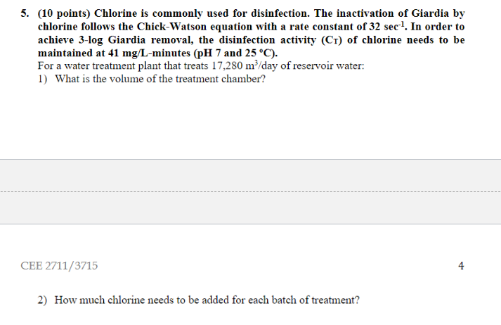 Solved 5. (10 points) Chlorine is commonly used for | Chegg.com