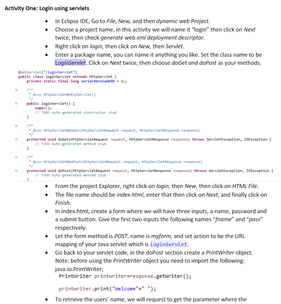 ictivity One: Login using servlets - In Eclipse IDE, | Chegg.com
