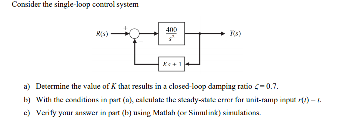 Solved Consider the single-loop control system 400 R(8) Y(s) | Chegg.com