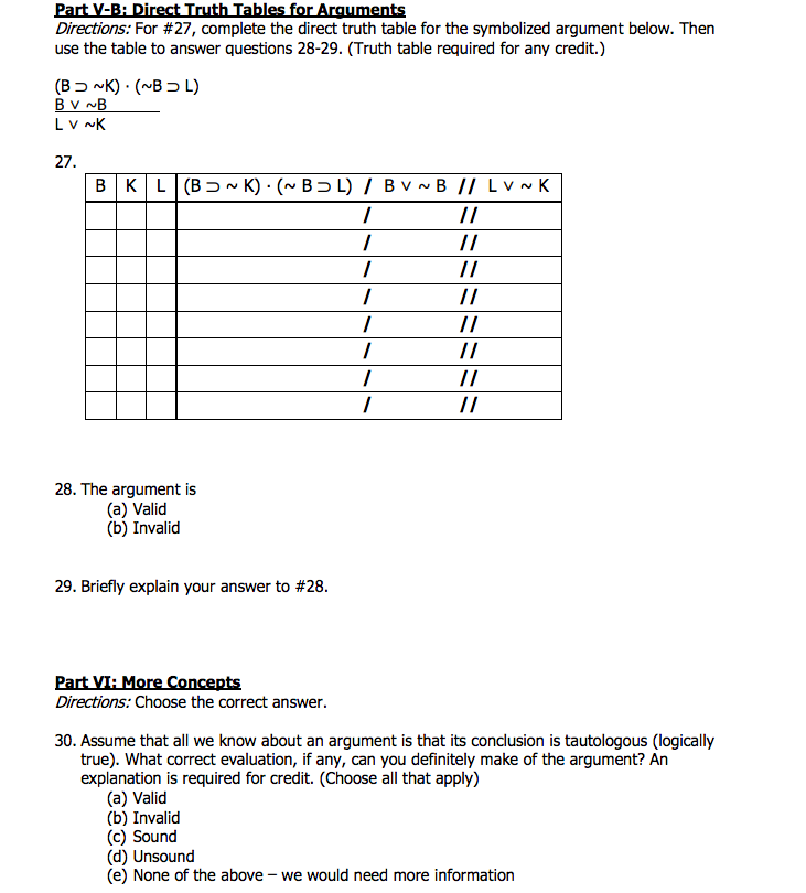 Solved Part V-B: Direct Truth Tables for Arguments | Chegg.com