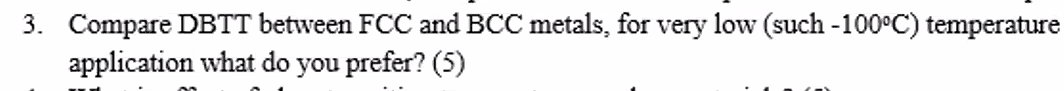 Solved 3. Compare DBTT between FCC and BCC metals, for very | Chegg.com