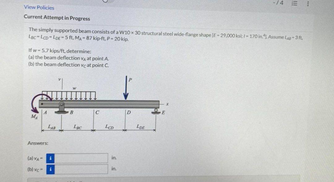 Solved The simply supported beam consists of a W10 ×30 | Chegg.com