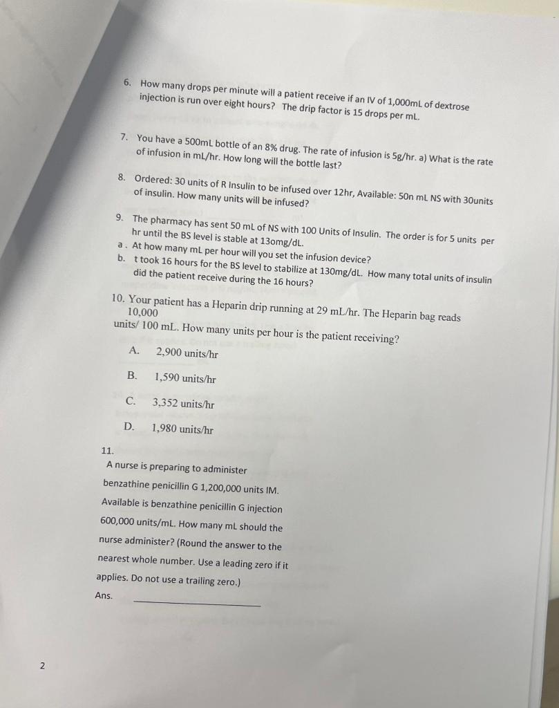 Solved 6. How many drops per minute will a patient receive | Chegg.com