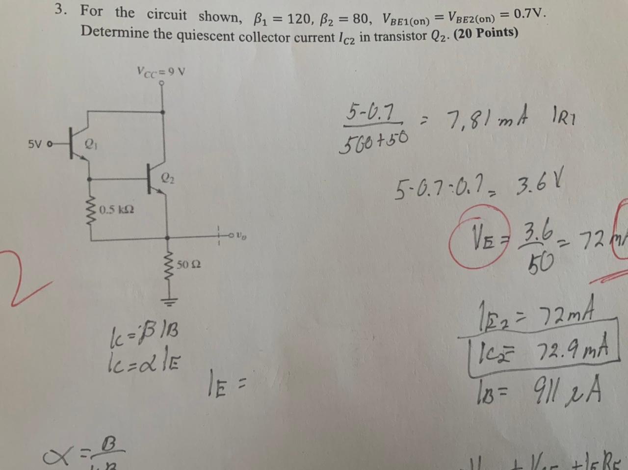 Solved = 0.7V. 3. For the circuit shown, B2 = 120, B2 = 80, | Chegg.com
