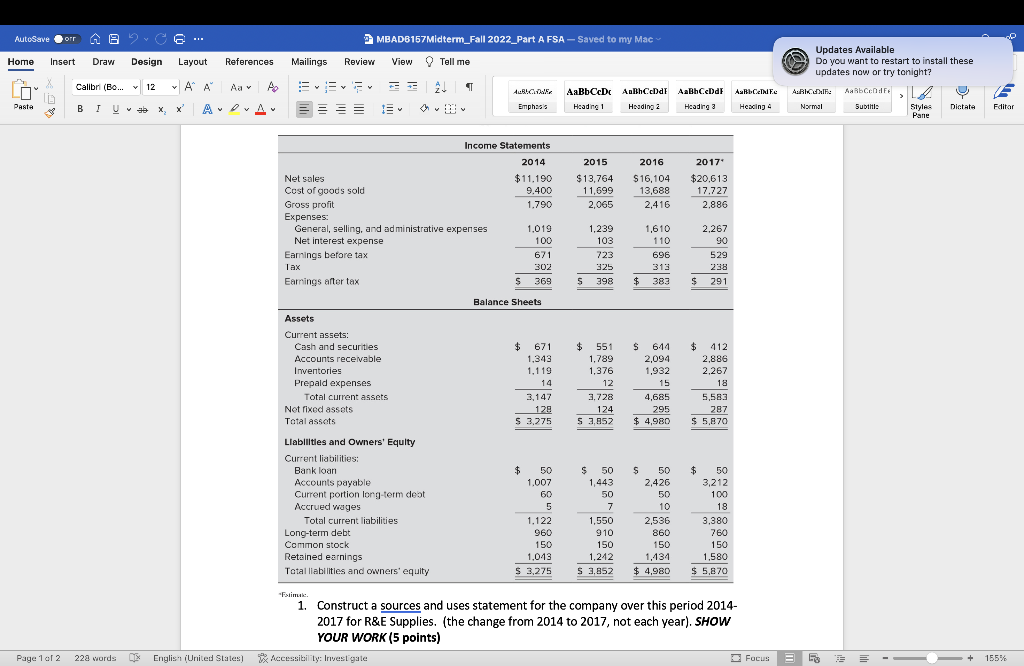 1. Construct a sources and uses statement for the | Chegg.com