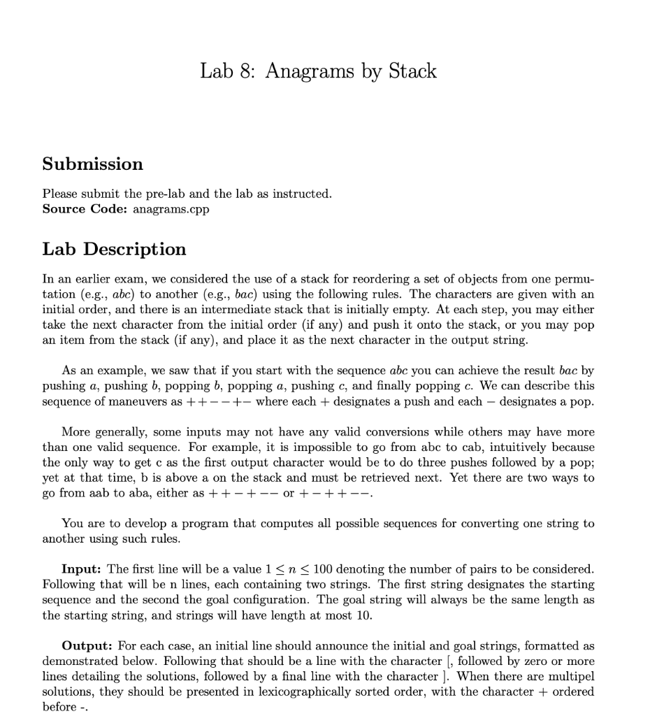 Solved Lab 8: Anagrams by Stack Submission Please submit the | Chegg.com