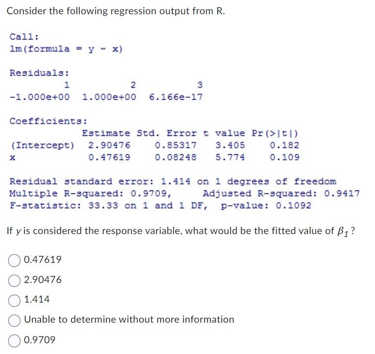 Solved Consider the following regression output from R. If y | Chegg.com